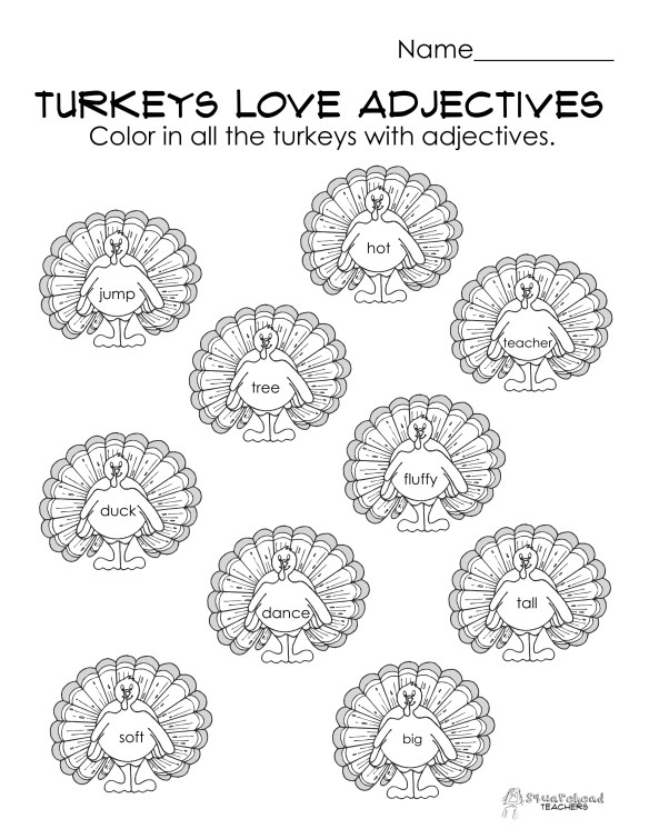 Turkeys Love Adjectives (free parts of speech worksheet!) | Squarehead ...