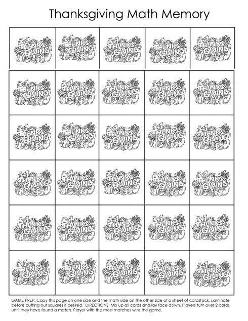 Thanksgiving Math Memory Game (free printable) | Squarehead Teachers