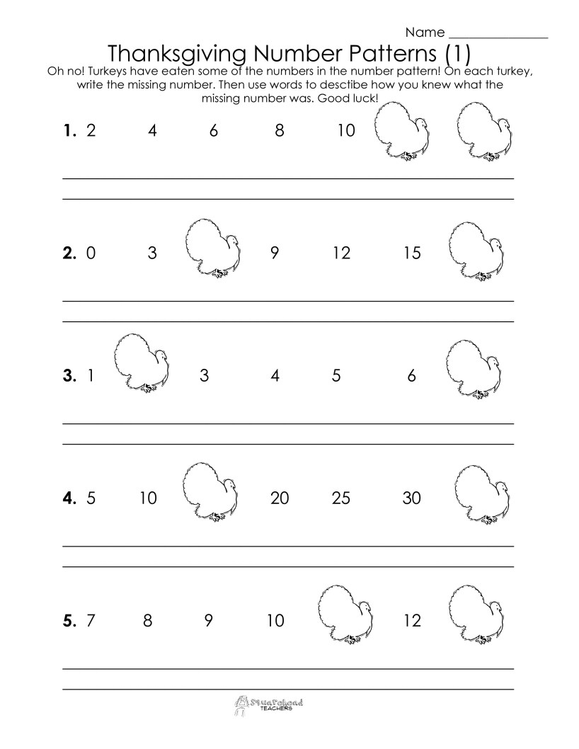 Thanksgiving Number Patterns (free worksheets!) | Squarehead Teachers