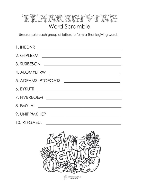 Thanksgiving Word Scramble (free worksheet) | Squarehead Teachers