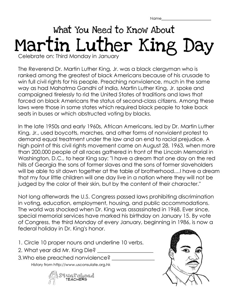 Martin Luther King Day (free worksheet) | Squarehead Teachers