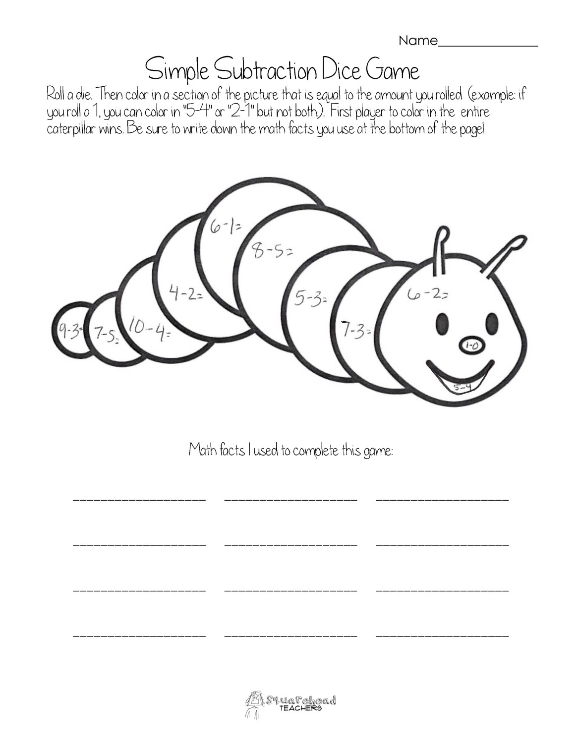 Simple Subtraction Dice Games | Squarehead Teachers