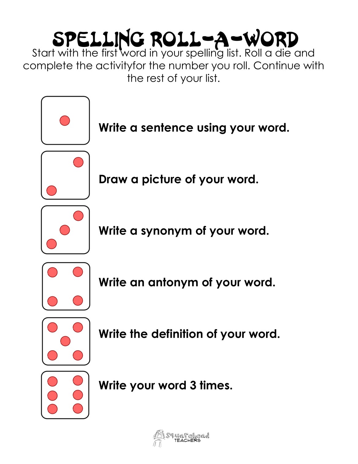 Roll-A-Word Spelling and Thesaurus Pages | Squarehead Teachers